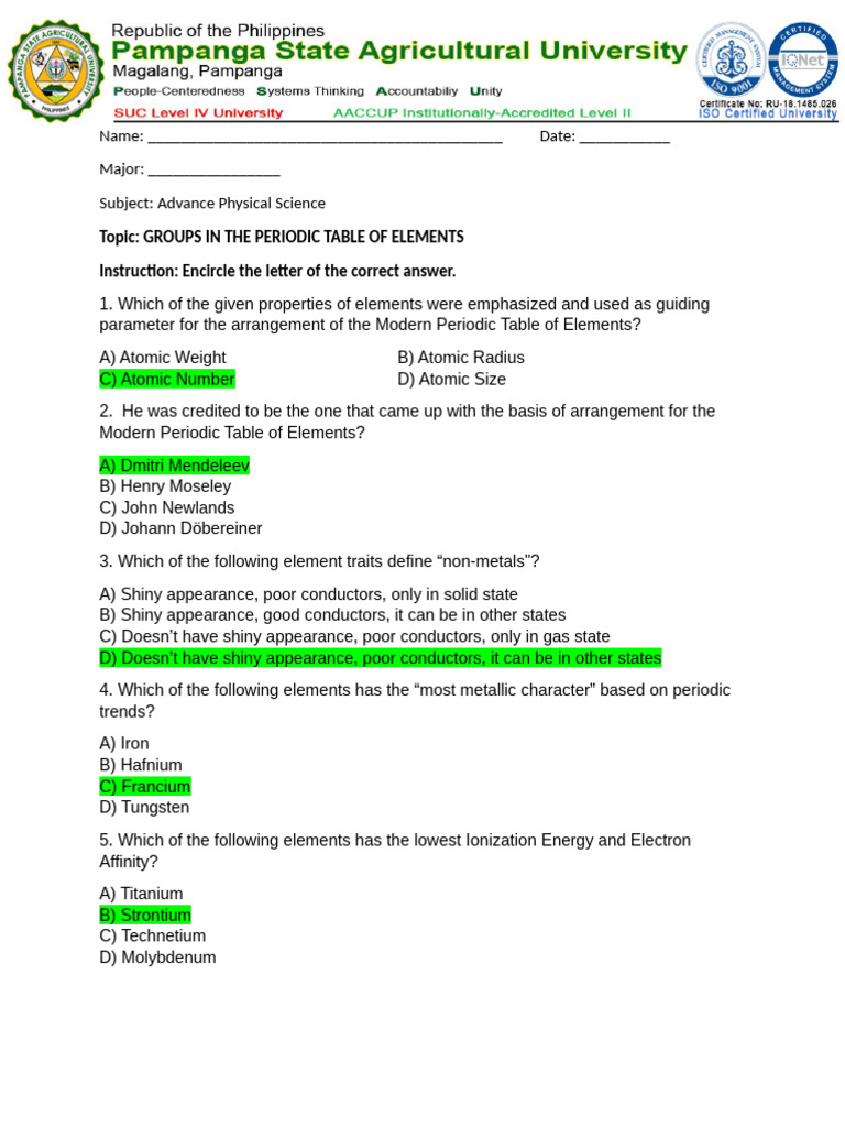 Assessment Periodic Properties | PDF