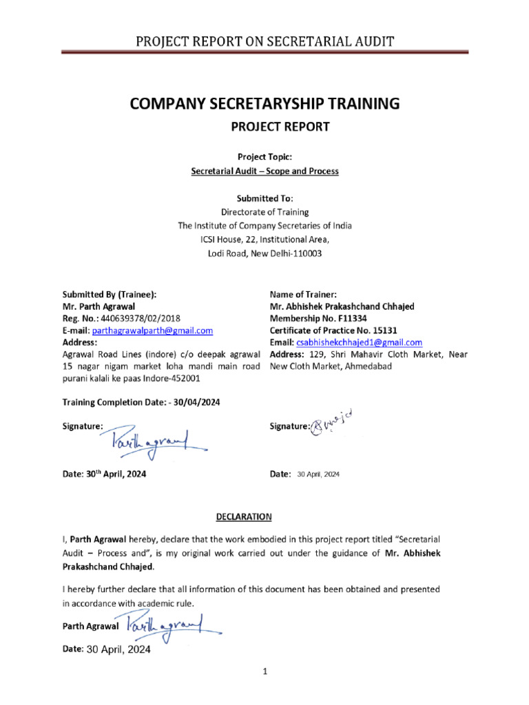 Parth Secretarial Audit Project Report ICSI - Signed | PDF | Audit ...