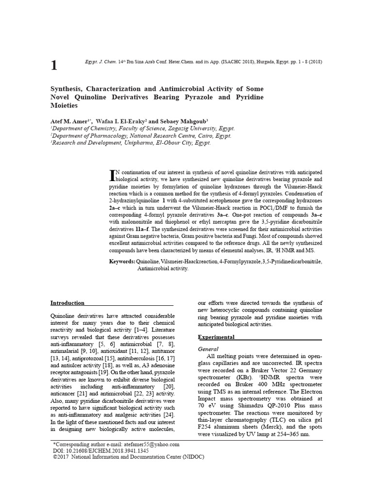 Synthesis, Characterization and Antimicrobial Activity of Some Novel Quinoline Derivatives ...
