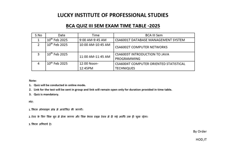 Bca Quiz III Sem Time Table - 2025 | PDF