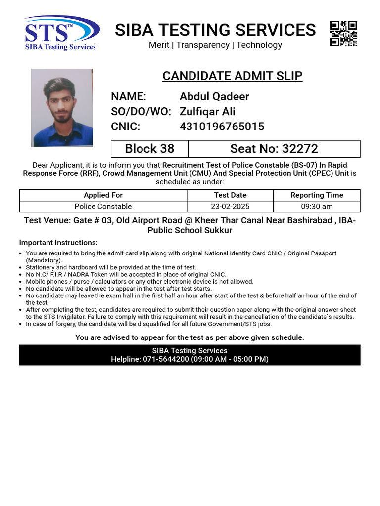 Siba Testing Services: Candidate Admit Slip | PDF