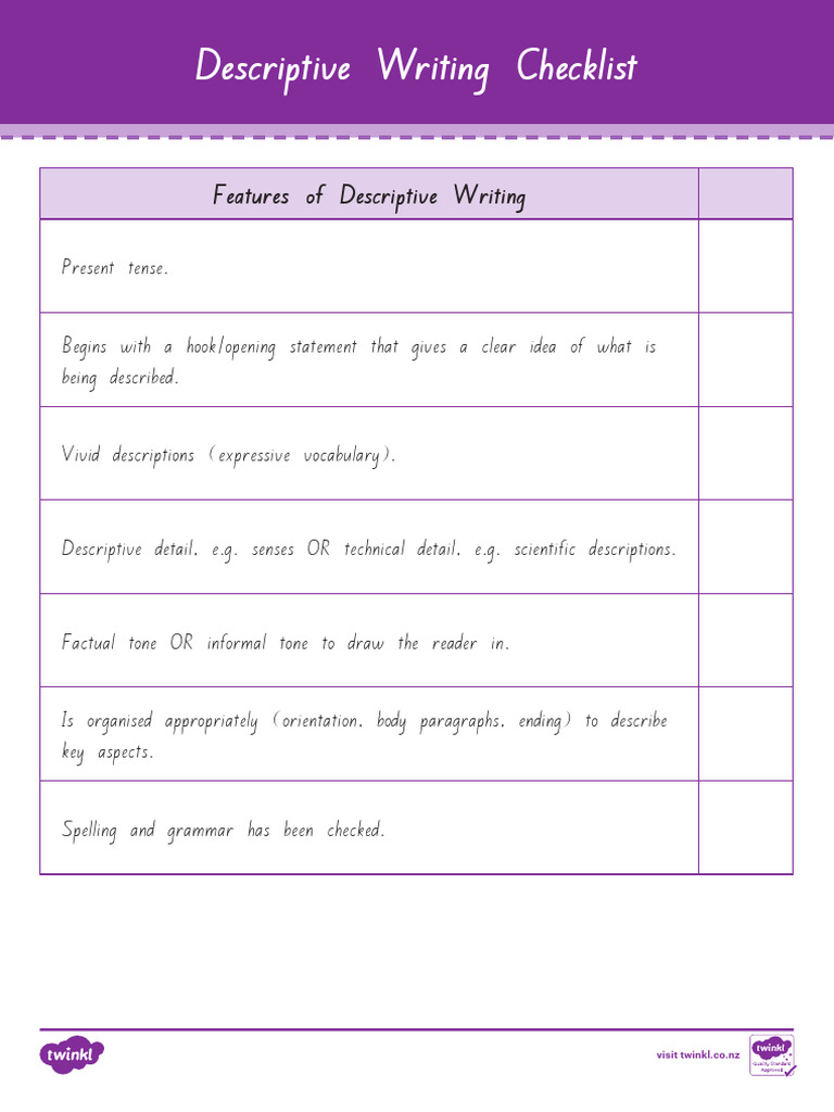 NZ e 1635670642 Level 3 Writing Descriptive Writing Checklist Ver 1 | PDF