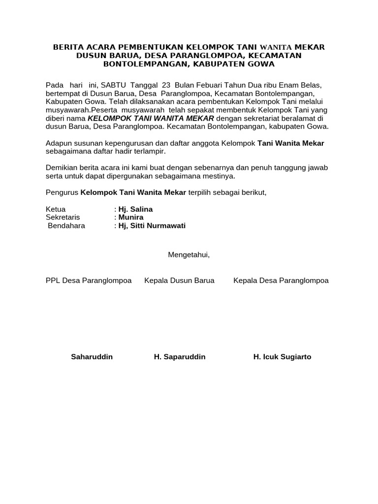 BERITA ACARA PEMBENTUKAN KELOMPOK TANI WANITA MEKAR | PDF