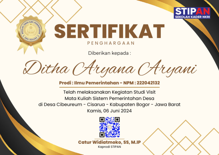 Sertifikat Studi Visit STIPAN | PDF