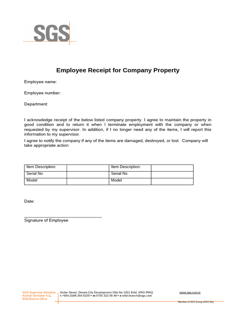 Company Property Receipt Form | PDF