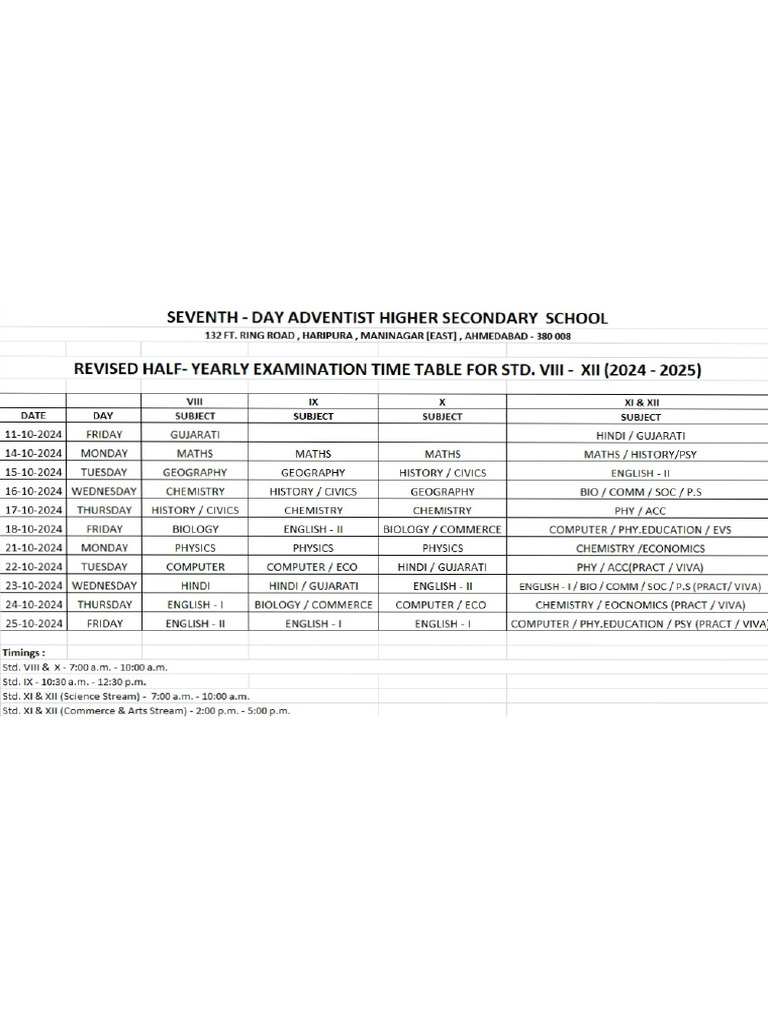 Half Yearly Exam Time Table | PDF