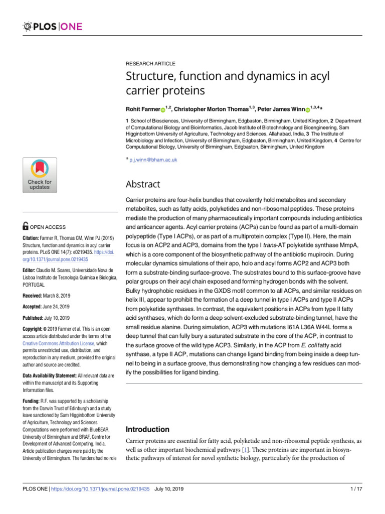 Paper - 2019 - Structure Function and Dynamics in Acyl Carrier Proteins | PDF | Alpha Helix ...