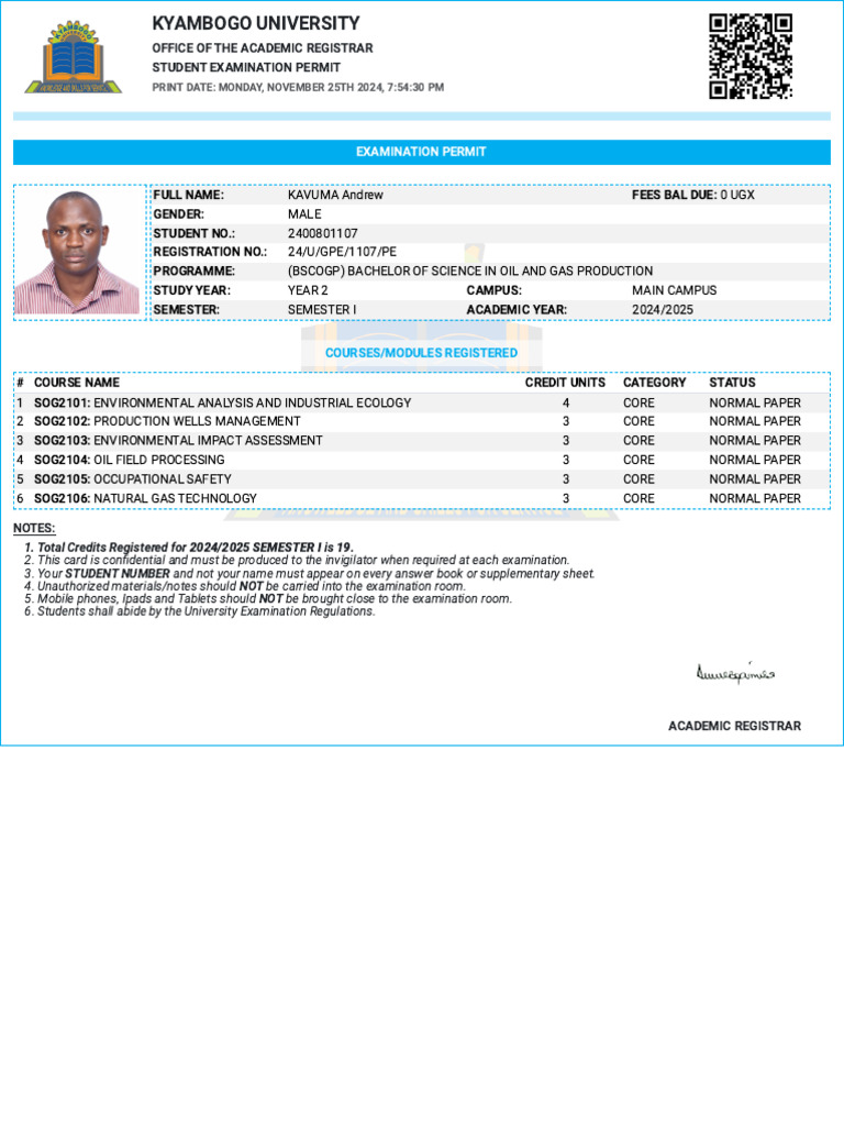 Full Name: Fees Bal Due: 0 Ugx Gender: Student No.: Registration No ...