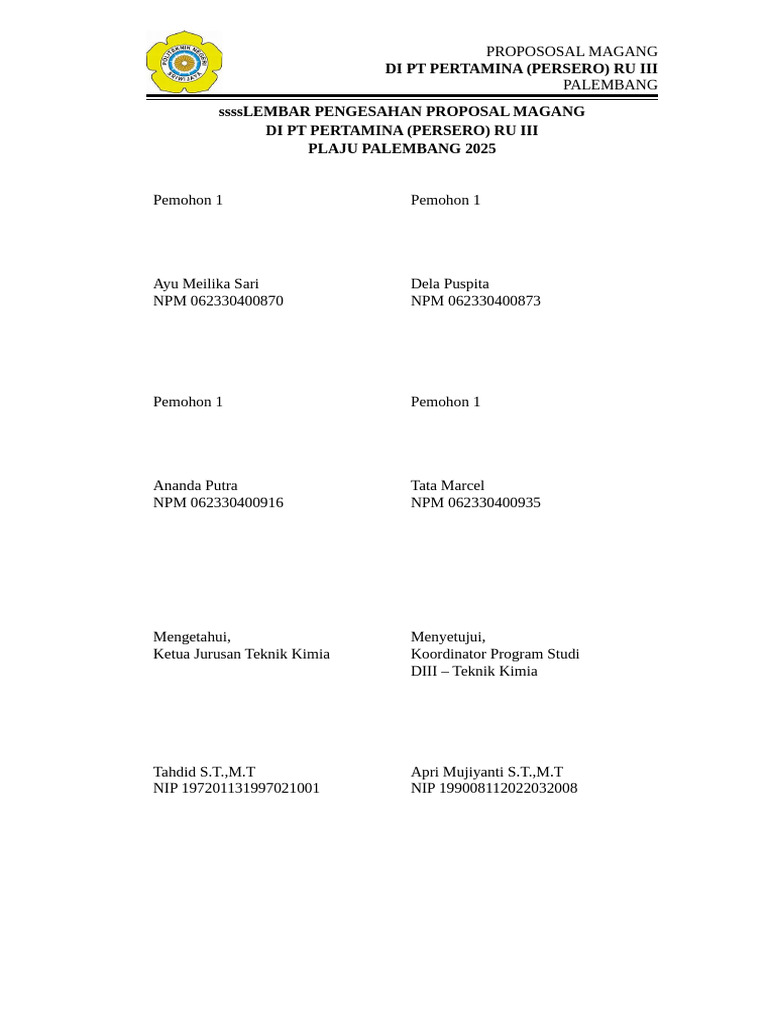 Lembar Pengesahan Proposal Magang | PDF