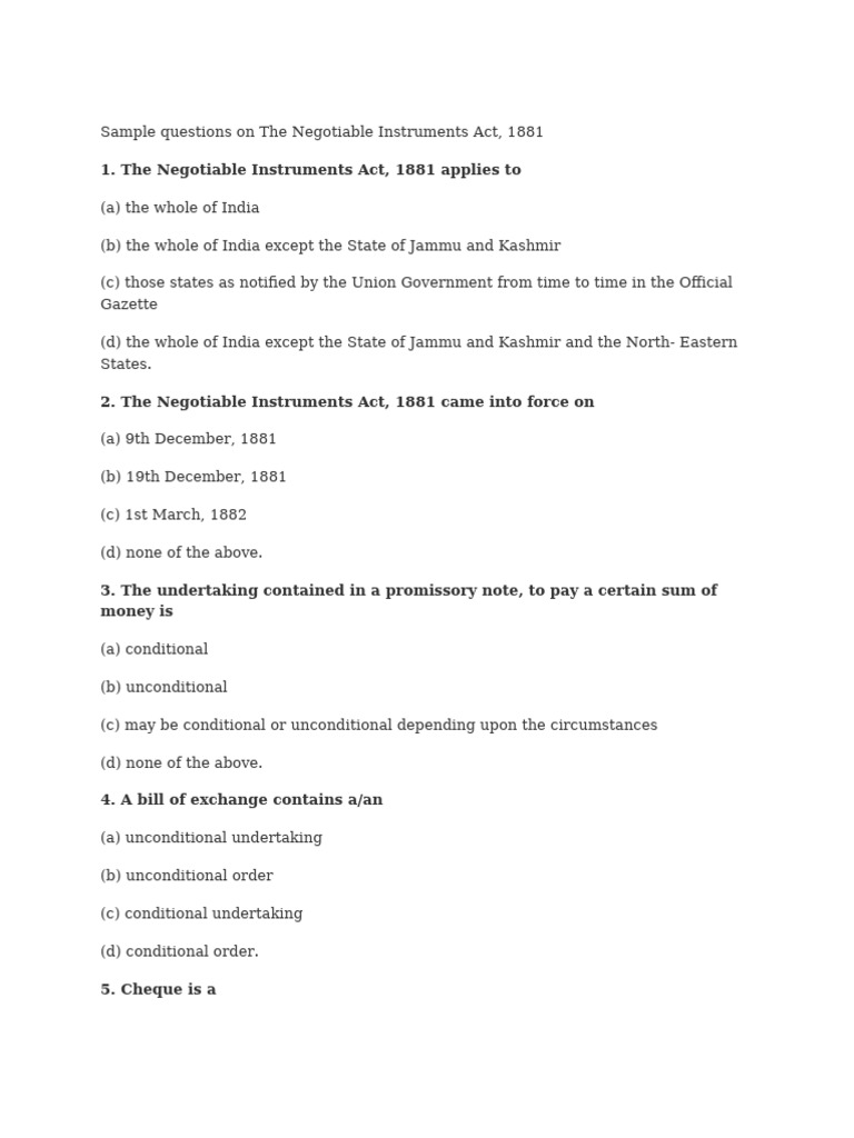 Sample Questions On The Negotiable Instruments Act | PDF | Negotiable ...