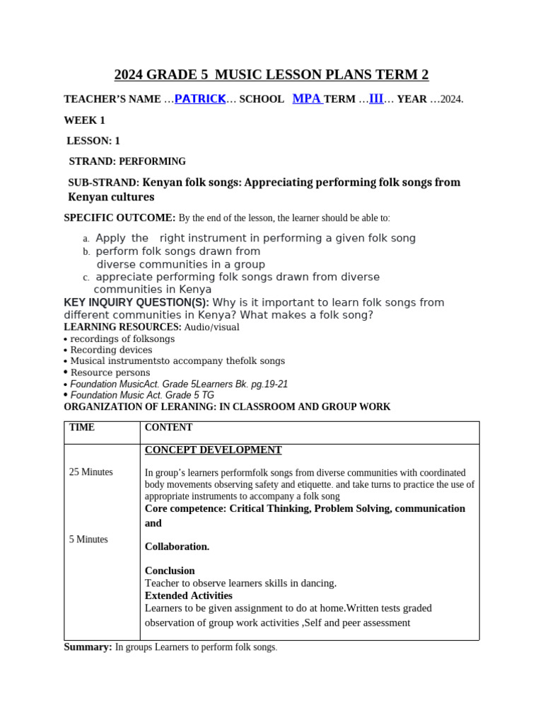 Grade 5 Music Lesson Plans Term 2 | PDF | Learning | Recorder (Musical ...