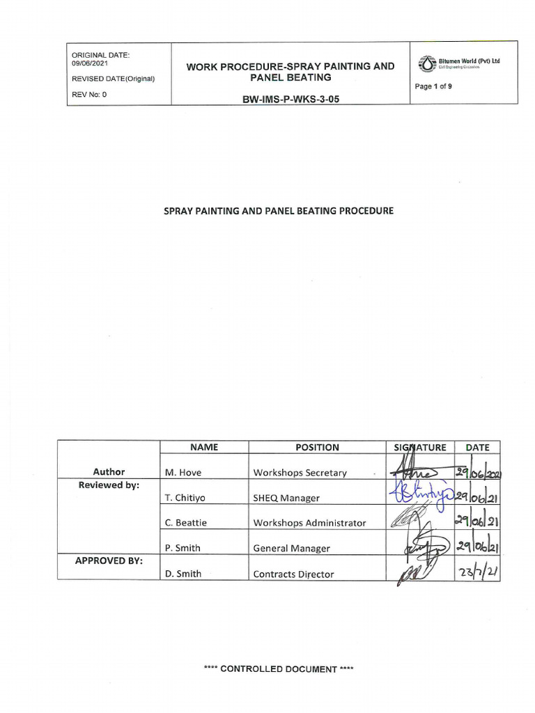 Spray Painting and Panel Beating Procedure | PDF