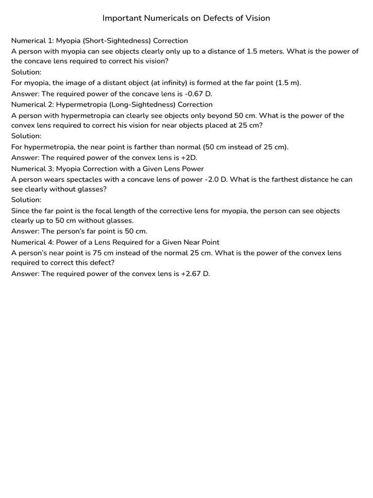 10 Numericals Defects of Vision | PDF