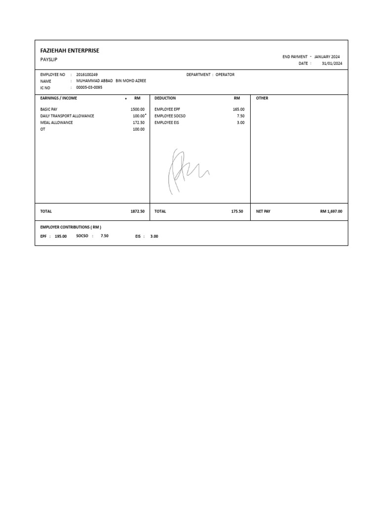 January 2024 Payslip for Muhammad Abbad | PDF