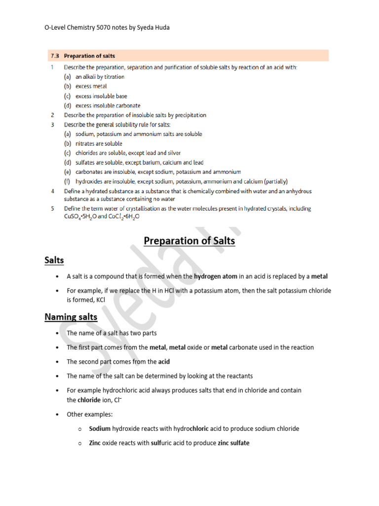 O-Level Chemistry: Salt Preparation Guide | PDF | Salt (Chemistry ...