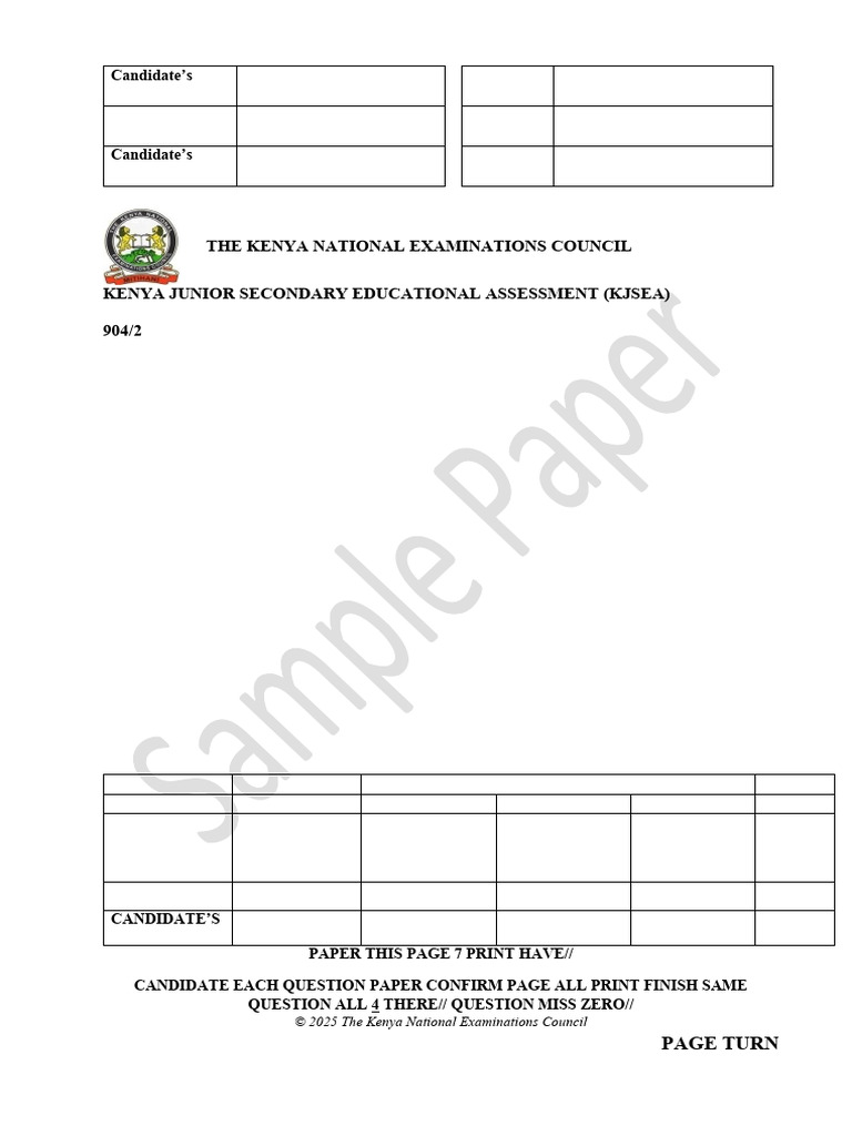 KJSEA Grade 9 Sample Assessment 2025 | PDF