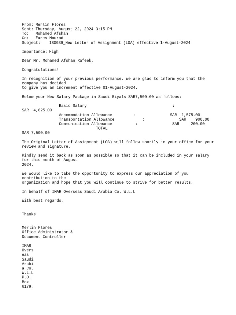IS0039_New Letter of Assignment (LOA) effective 1-August-2024 | PDF
