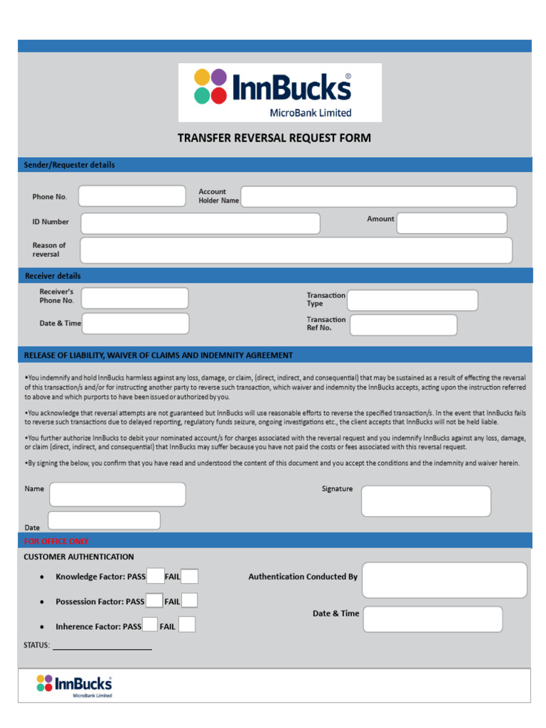 Transfer Reversal Request Form | PDF | Indemnity | Private Law