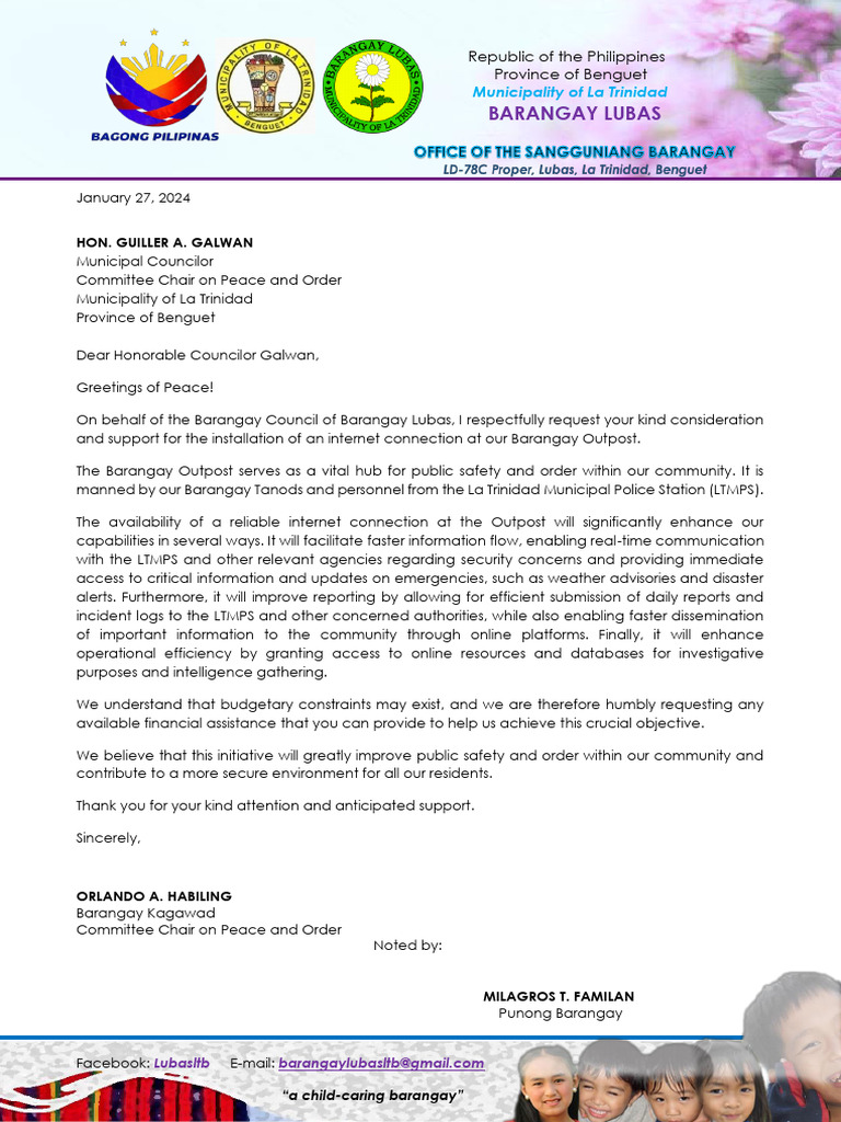 Internet Connection Request for Barangay Lubas | PDF