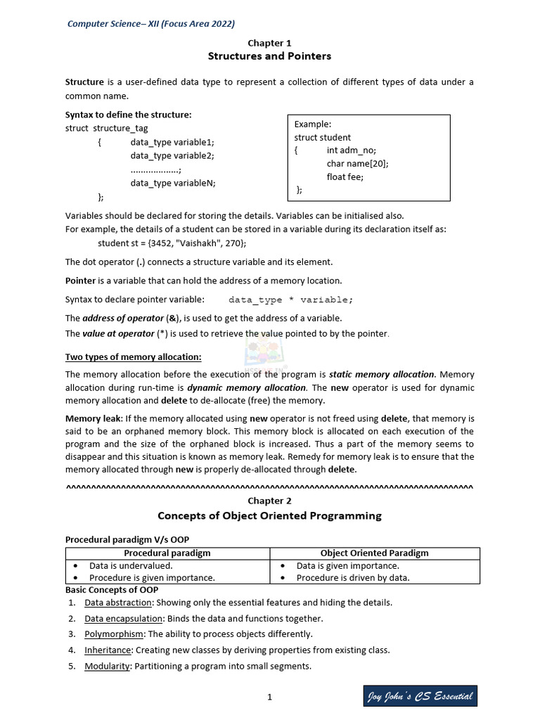 Hsslive Xii Comp Science Focus Area 2022 Joy John | PDF | Pointer (Computer Programming) | World ...