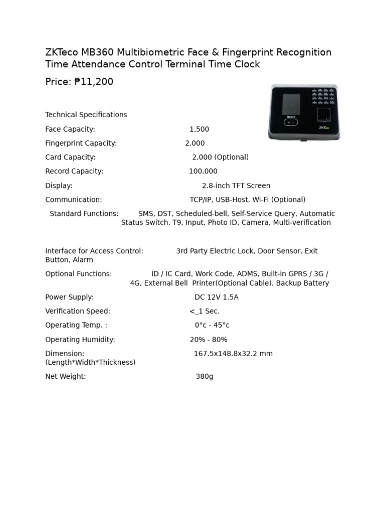 ZKTeco MB360 Multibiometric Face | PDF