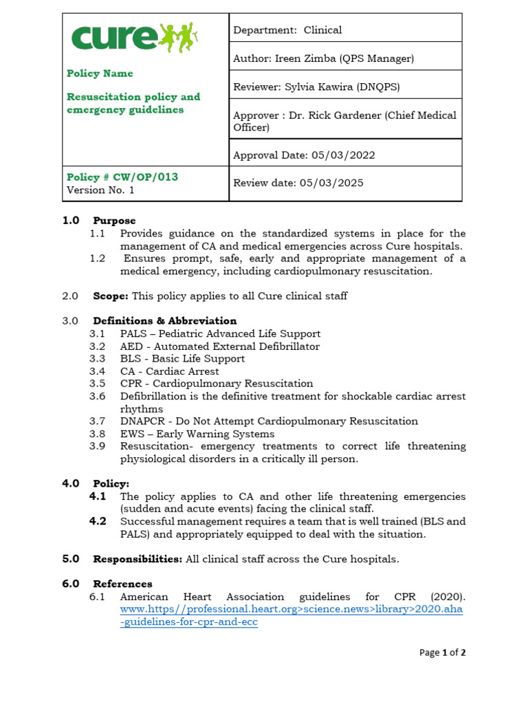 Resuscitation Policy and Emergency Guidelines | PDF | Cardiopulmonary ...