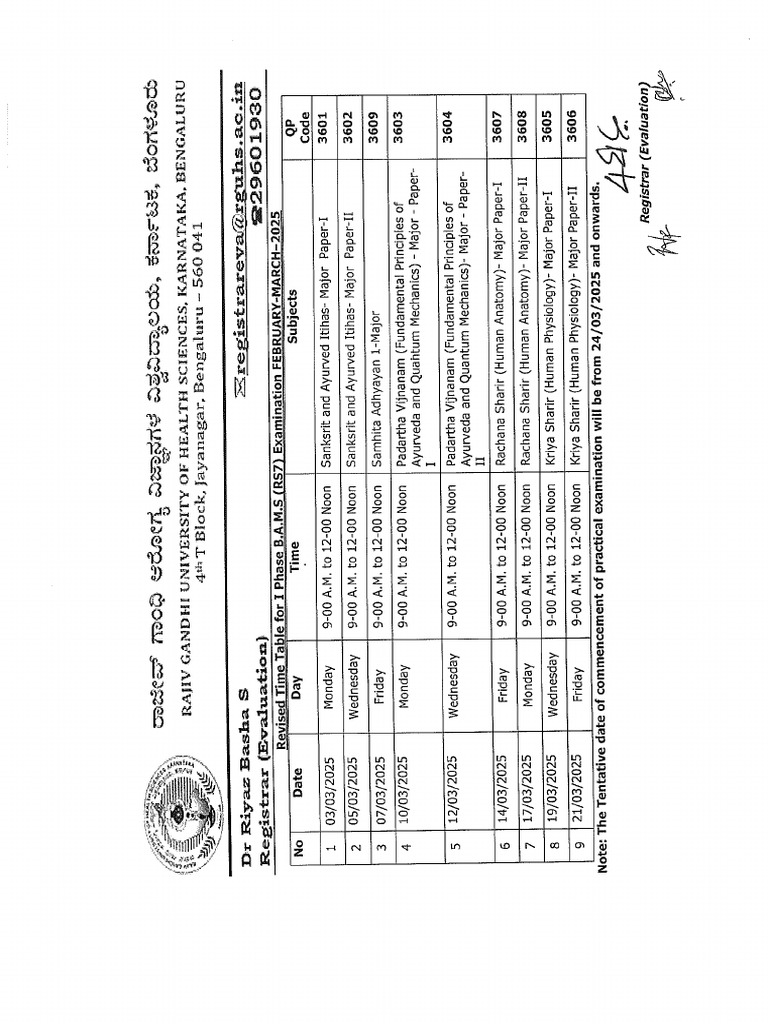 Revised Time Table For Bams Ist Professional RS7 Batch Examination During Feb-March 2025 | PDF