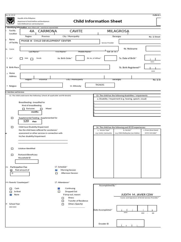 ECCD Child Information Sheet Form | PDF | Breastfeeding | Childhood