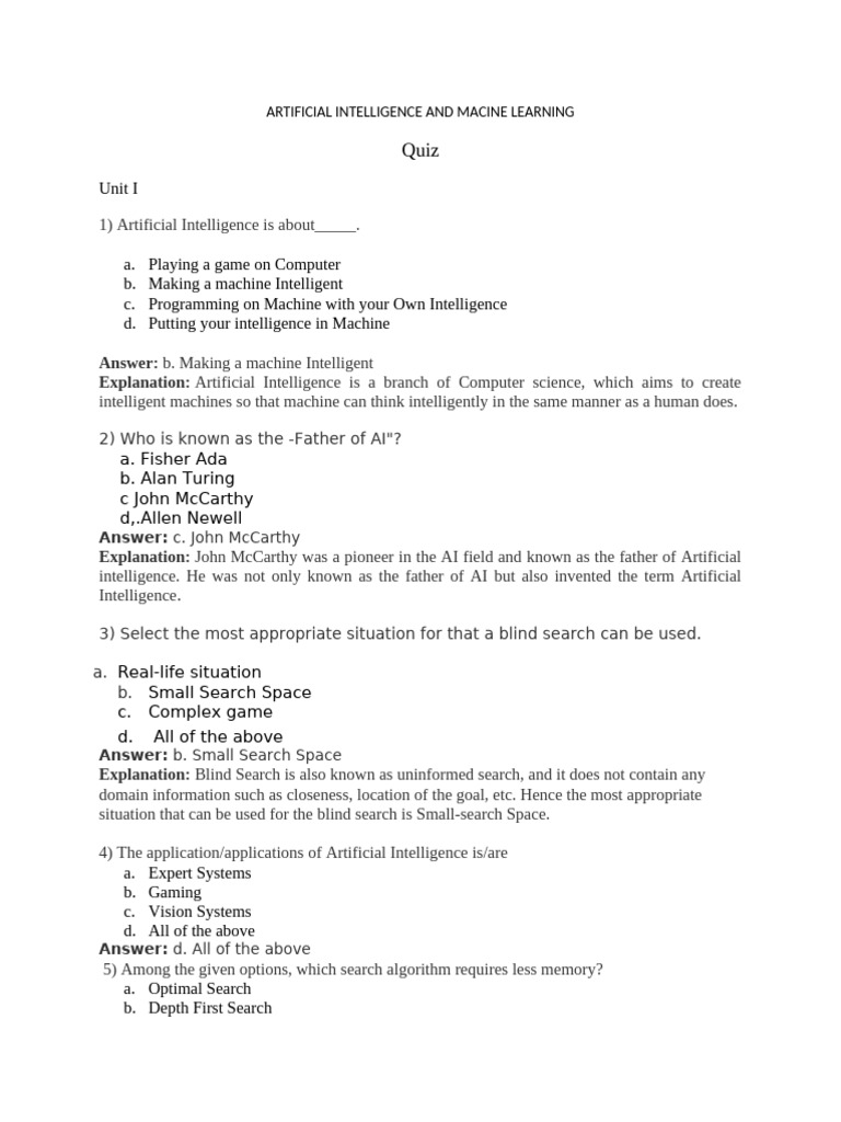 AIML Quiz | PDF | Artificial Intelligence | Intelligence (AI) & Semantics