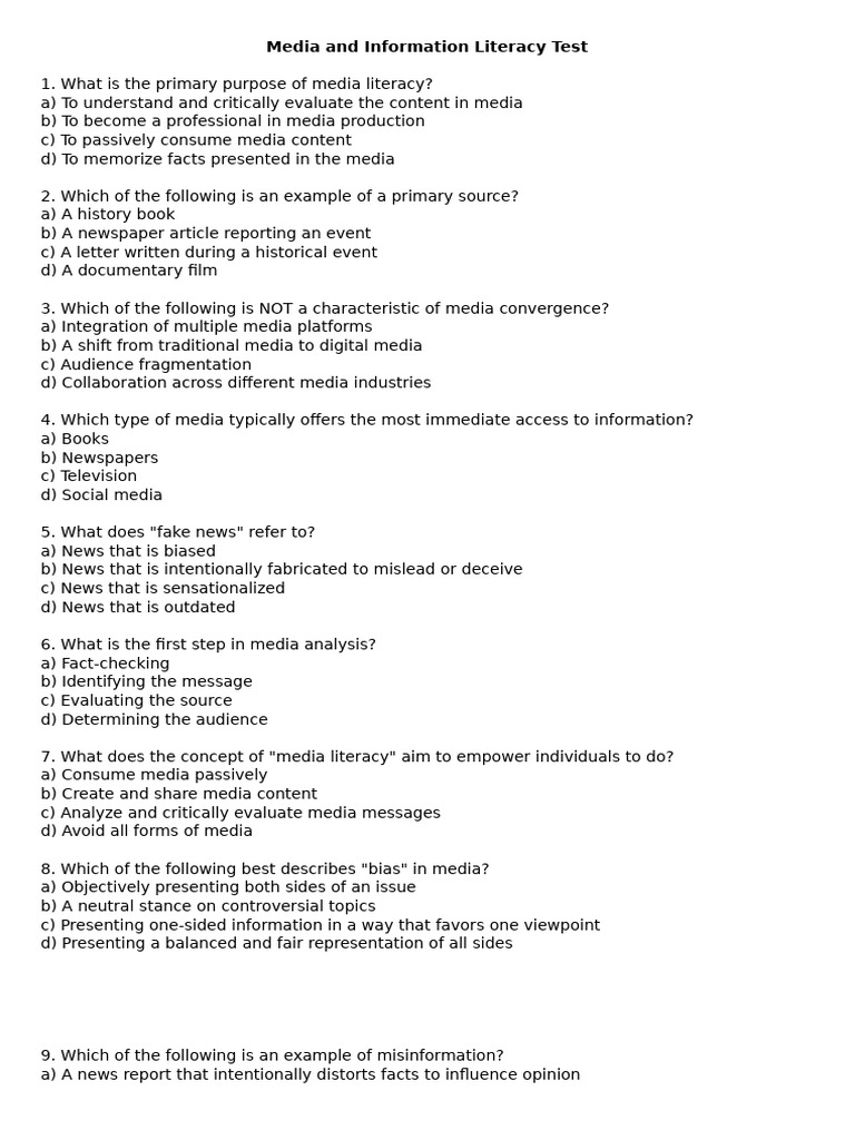 Media and Information Literacy Quiz | PDF | Mass Media | Media ...