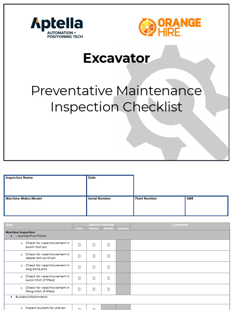 Excavator Maintenance Checklist | PDF | Equipment | Manufactured Goods