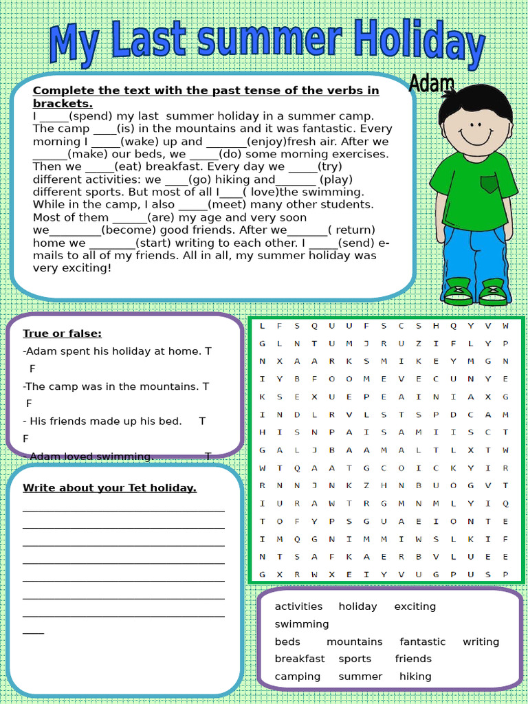 My Last Summer Holiday Reading Comprehension Exercises Wordsearches ...