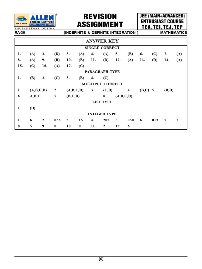 30. Assignment_(Indefinite & Definite Integration)_TEA, TEI, TEJ, TEP_KEY | PDF