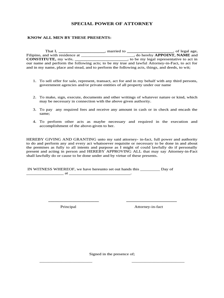Special Power of Atty Draft | PDF | Power Of Attorney | Civil Law ...