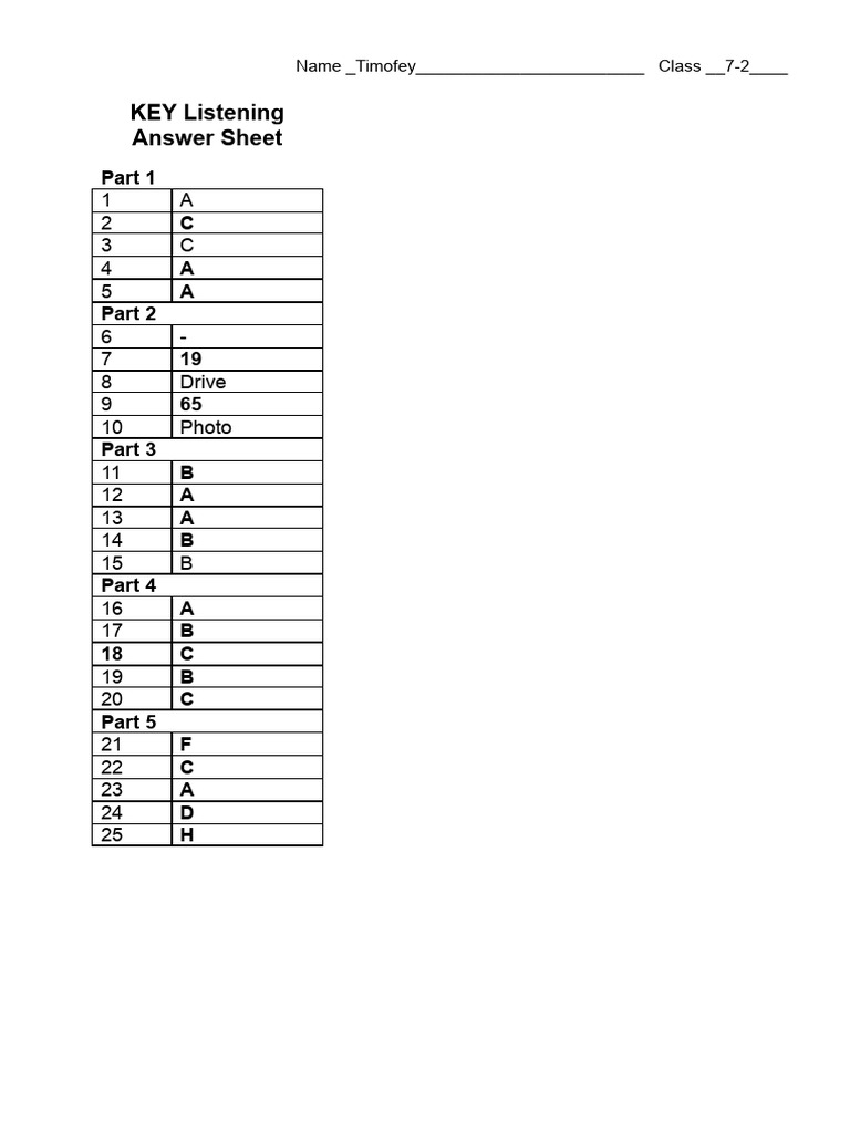 Answer Sheet Listening | PDF