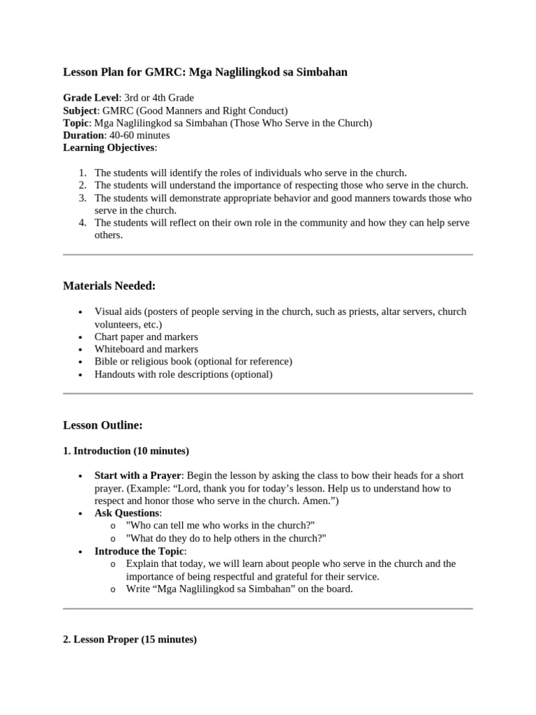 GMRC Lesson Plan: Church Servers | PDF | Worship | Christian Worship ...