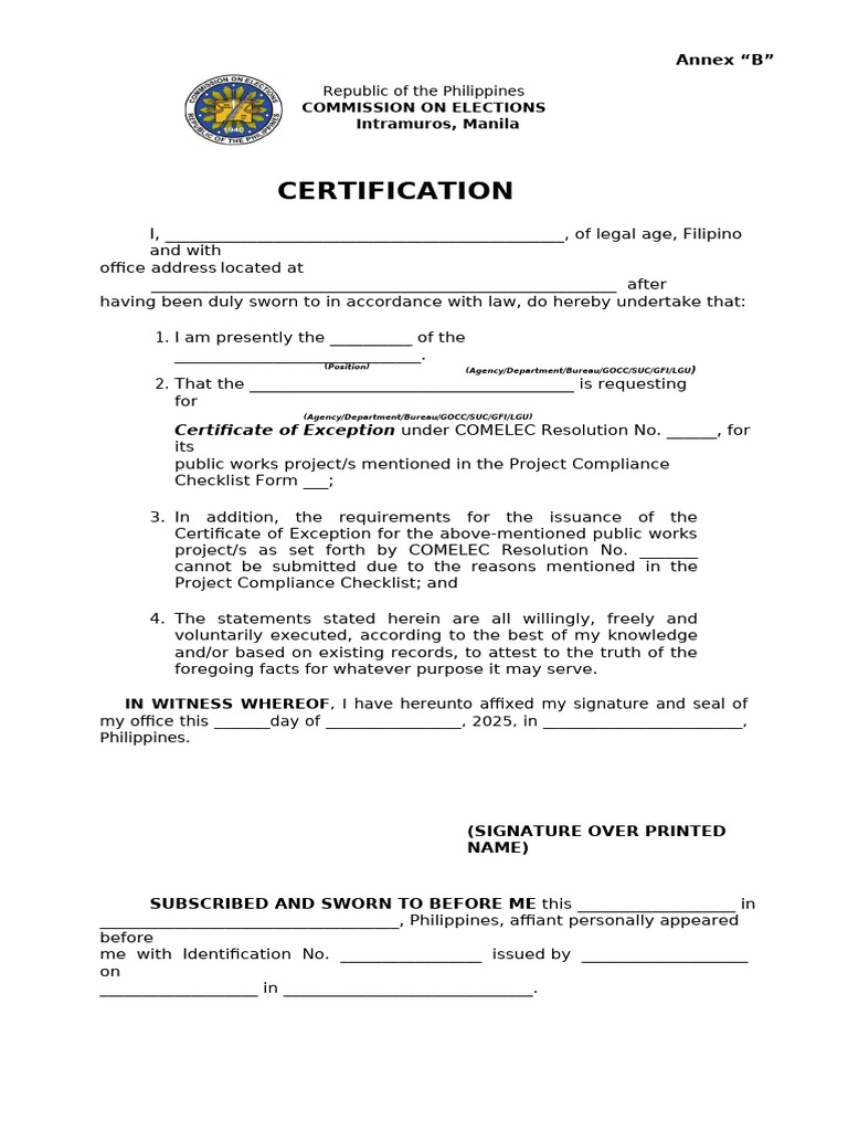 Annex B Certification | PDF