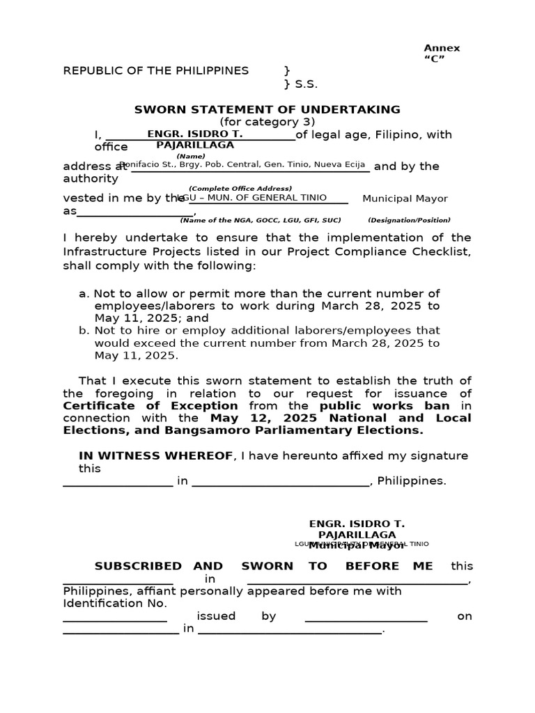 Annex C Sworn Statement of Undertaking | PDF