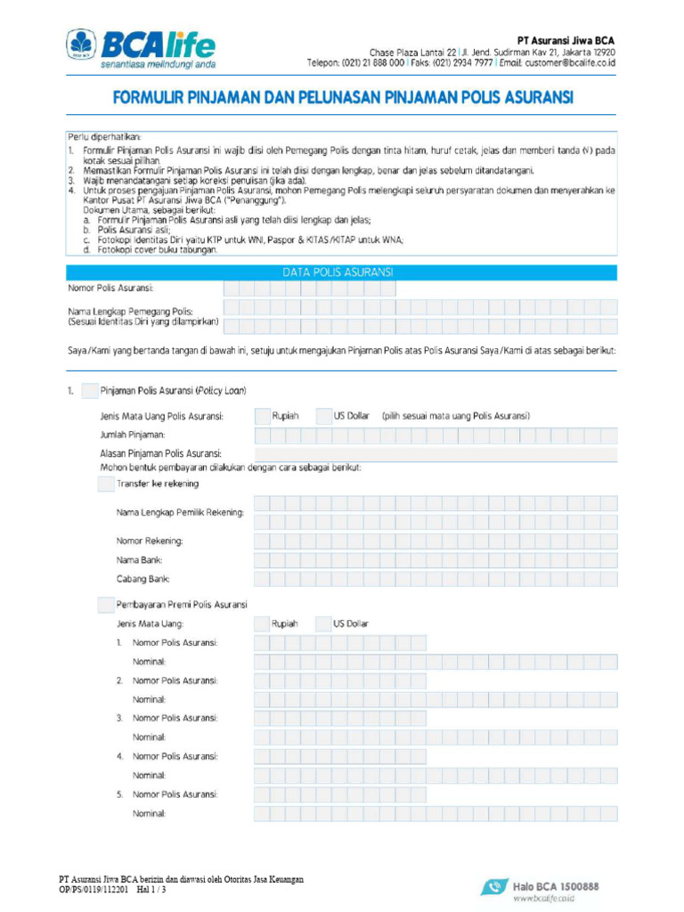 Formulir Pinjaman Dan Pelunasan Pinjaman Polis Asuransi 1675220608 | PDF