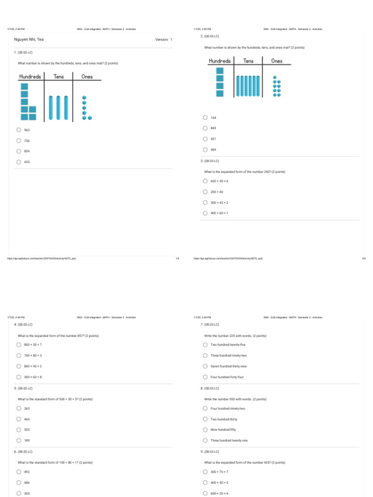 8.03 Quiz_ SNS - G3A Integrated - MATH - Semester 2 - Activities | PDF
