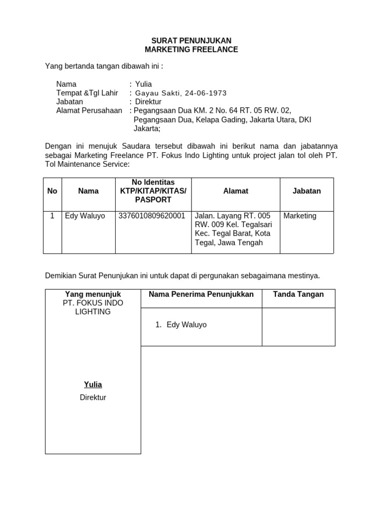 Master Surat Penunjukan Marketing Freelance | PDF