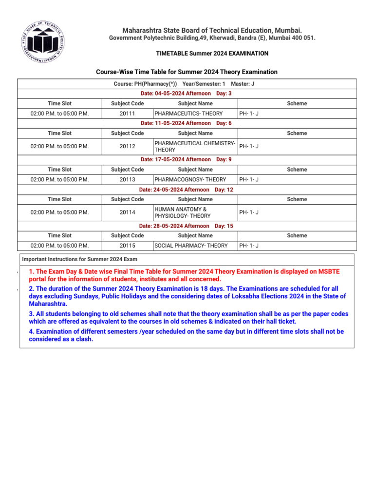 MSBTE Summer 2024 Exam Timetable | PDF | Academic Term | Educational Stages