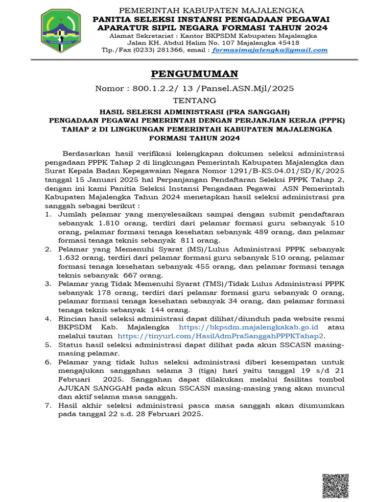 Pengumuman Hasil Seleksi Administrasi PPPK Tahap 2 (Pra Sanggah) Tte | PDF