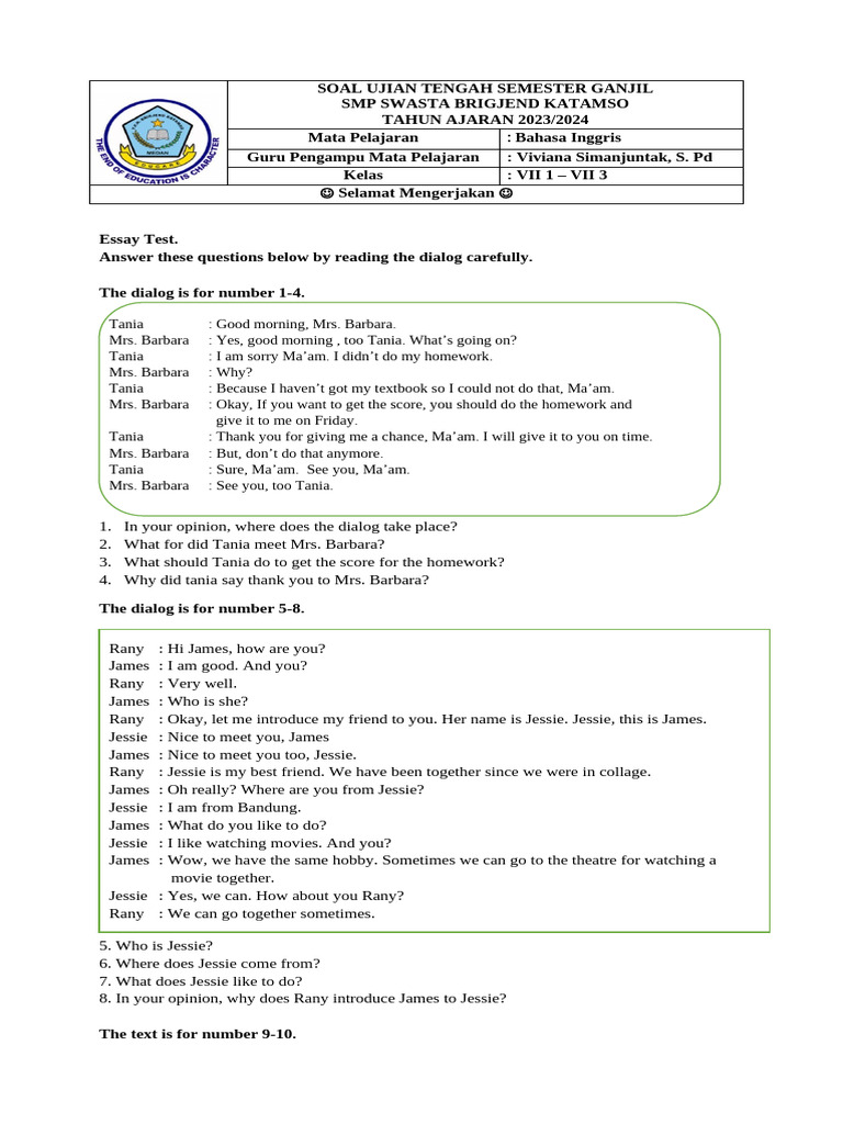 SOAL UTS BAHASA INGGRIS GANJIL TP 2023-2024 (1) | PDF