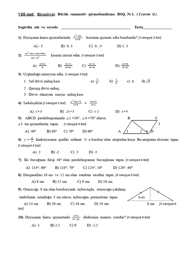 8 sinif Riyaziyyat BSQ - 1.docx | PDF