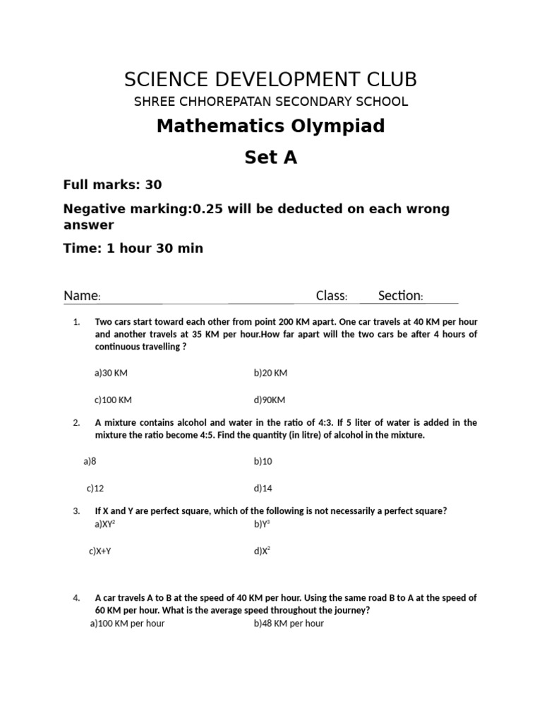 set A OLYMPIAD QUESTIONS.pdf | PDF | Mathematical Concepts | Numbers
