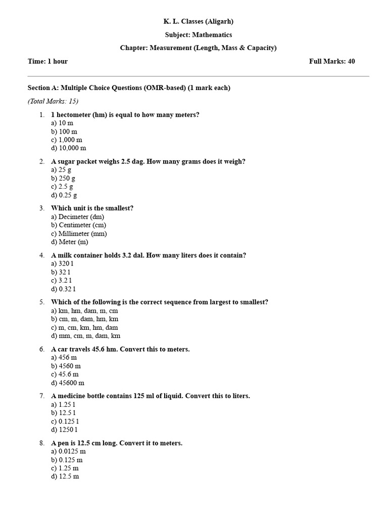 Measurement (Length, Mass & Capacity) | PDF | Kilogram | Metre