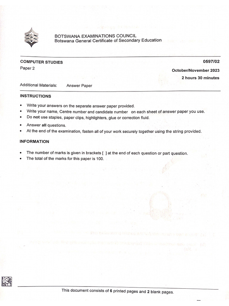 Computer Studies Pp2 - BGCSE 2023 | PDF