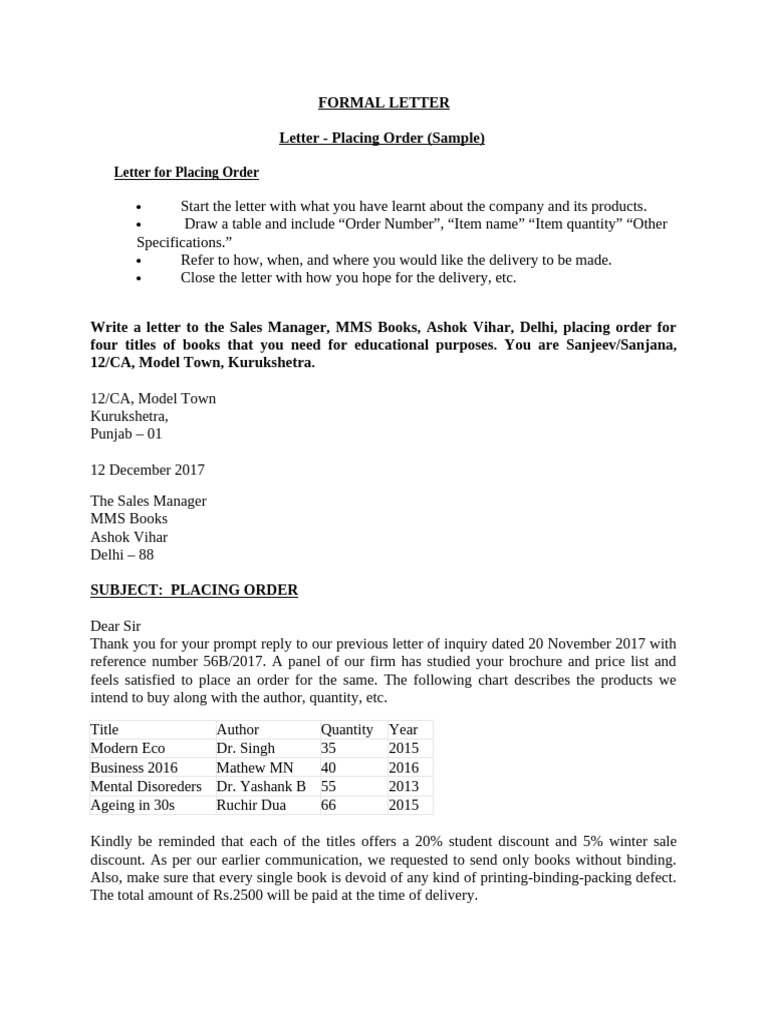 Sample Letter for Placing Book Order | PDF