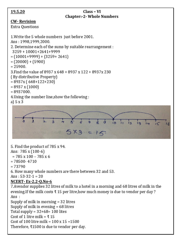Whole Numbers Class VI Revision Questions | PDF